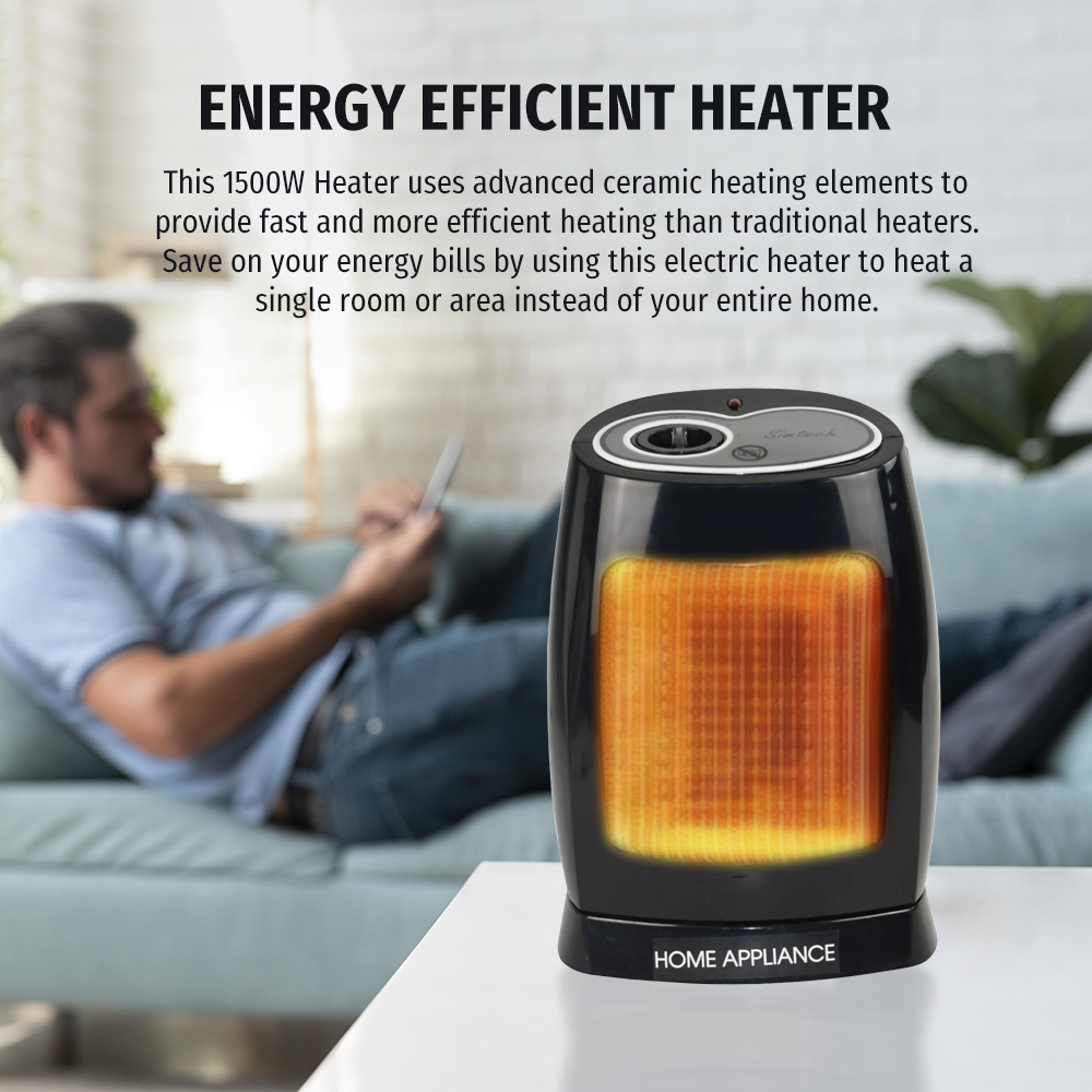 Electric Ceramic Fan Heater with 3 Settings 1500W Black