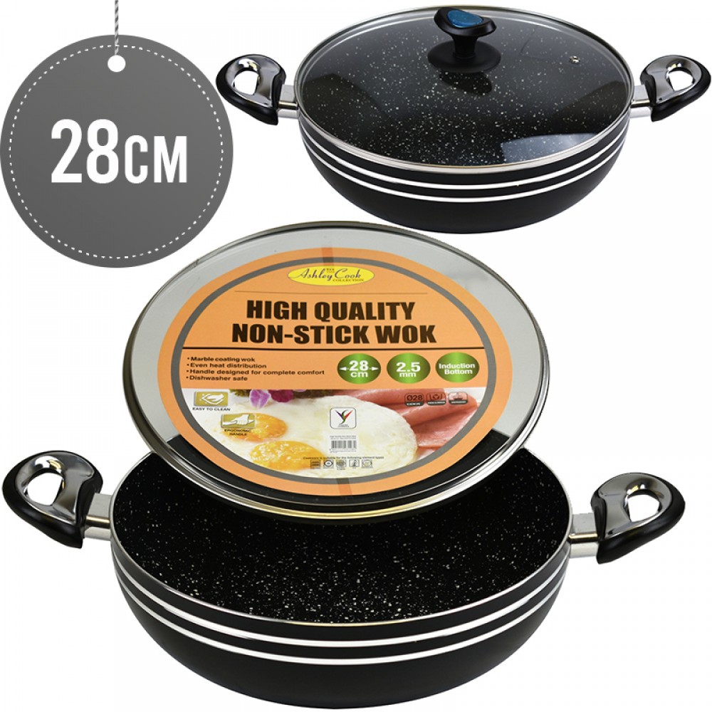 Sterling Non Stick Wok 28CM BLACK With Lid Induction Base Short Handles ...